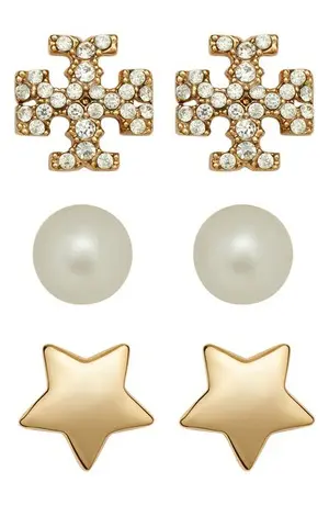 Tory Burch Kira Stud Earrings Set Of 3 - Tory Gold / Crystal / Pearl
