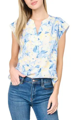 GIBSONLOOK GIBSONLOOK Split Neck High-Low Top Yellow/navy Floral