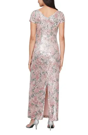 Alex Evenings Rose Print Sequin Gown