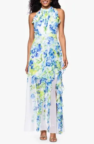 Betsy & Adam Print Ruffle Gown