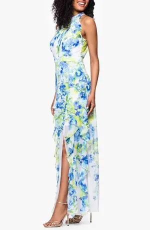 Betsy & Adam Print Ruffle Gown