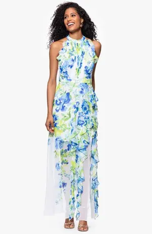Betsy & Adam Print Ruffle Gown