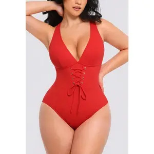 SHAPELLX Plunge Lace-up Corset Shaping One-piece Swimsuit - Red