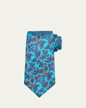 Kiton Paisley Silk Seven-Fold Tie Aqua