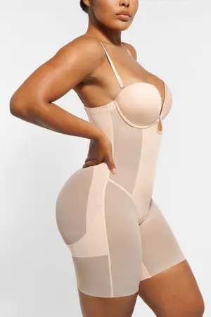 SHAPELLX Deep Plunge Butt Lifting Shaping Bodysuit - Pinkish Beige