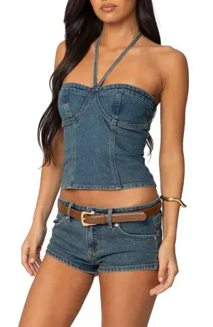 EDIKTED Jagger Denim Bustier Halter Top