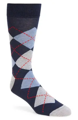 Nordstrom Argyle Combed Cotton Blend Dress Socks Navy- Red
