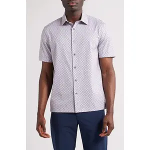 Bugatchi Miles Ooohcotton® Geometric Print Short Sleeve Button-up Shirt Cement