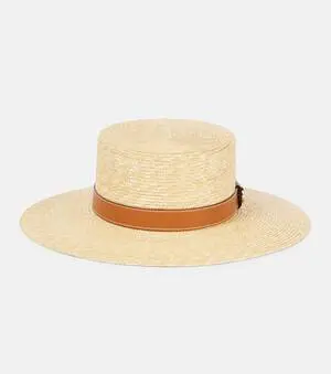 Gucci Gg Leather-trimmed Straw Boater Hat - Beige