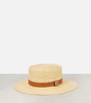 Gucci Gg Leather-trimmed Straw Boater Hat