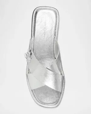 Tory Burch Crisscross Medallion Slide Sandals - Shiny Silver