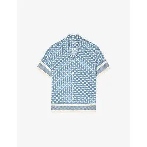 Sandro Square Cross-print Short-sleeve Satin Shirt - Bleus