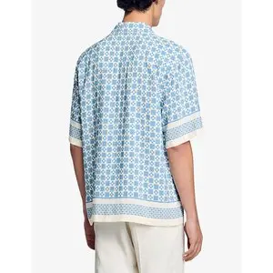 Sandro Square Cross-print Short-sleeve Satin Shirt - Bleus