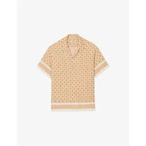 Sandro Square Cross-print Short-sleeve Satin Shirt S Jaunes / Oranges