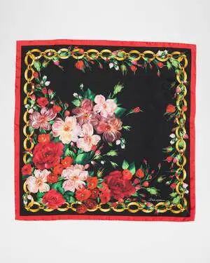 Dolce & Gabbana Floral Chain Foulard Silk Scarf Hd5pd Rose Ant Bdo Catene