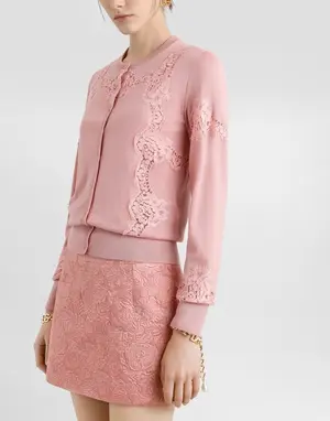 Dolce & Gabbana Wool Cardigan With Lace Inlay - Pink