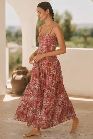 Peixoto Clemente Smocked Tiered Maxi Dress Pink Pattern