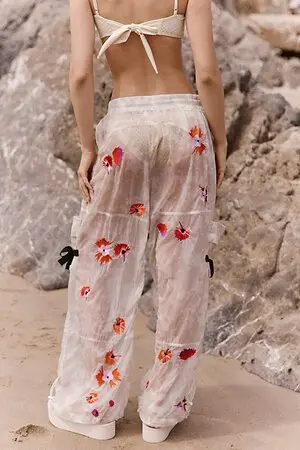 Free People Floral Detailed Utility Pants - White Combo