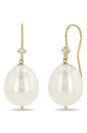 Zoe Chicco Diamond And Pearl Drop Earrings - White/ 14k Yellow Gold