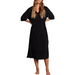 Barefoot Dreams Cozy Terry® Double V Caftan Nightgown - Black