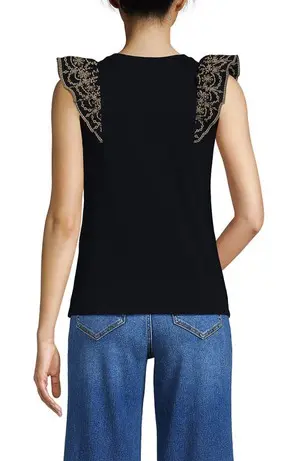 LANDS' END Embroidered Ruffle Tank - Black
