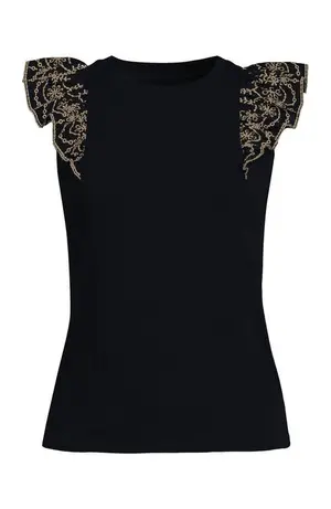 LANDS' END Embroidered Ruffle Tank - Black