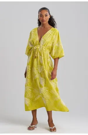 Natori Palm Caftan Cover-up Dress With Tassel - Citron