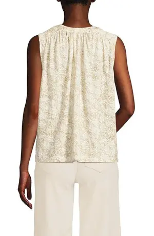 LANDS' END Linen Blend Notch Neck Swing Tank Top - Champagne Leaf Scroll