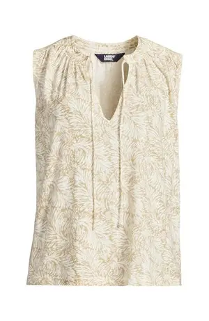 LANDS' END Linen Blend Notch Neck Swing Tank Top - Champagne Leaf Scroll