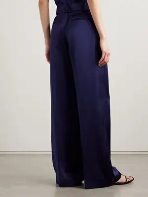Another Tomorrow Pleated Satin Wide-leg Pants - Blue