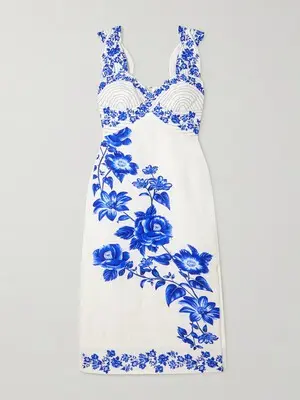 Farm Rio Cascade Shirred Printed Linen Midi Dress - Blue