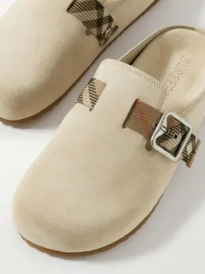 Burberry Checked Jacquard-trimmed Buckled Suede Clogs