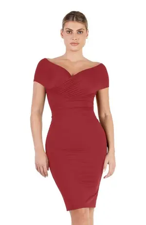 POPILUSH Shapewear Ruched Off-shoulder Sculpting Midi Dress - Maroon