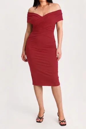 POPILUSH Shapewear Ruched Off-shoulder Sculpting Midi Dress - Maroon