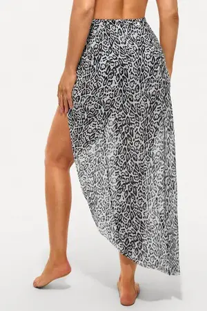 POPILUSH Resort Swimwear Mesh Asymmetrical Sarong Coverup - White Leopard