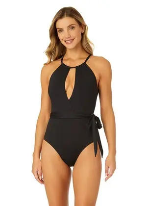 ANNE COLE High Neck Plunge One-piece Swimsuit - Black