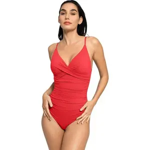 POPILUSH Ruched V-neck One-piece Shapewear Swimsuit - Watermelon