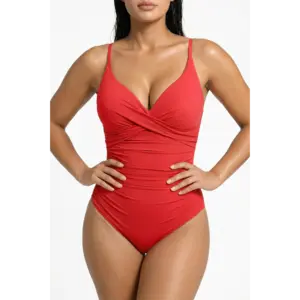 POPILUSH Ruched V-neck One-piece Shapewear Swimsuit - Watermelon