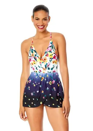 ANNE COLE Swim Dress With Skirted Bottom - Gradient Floral