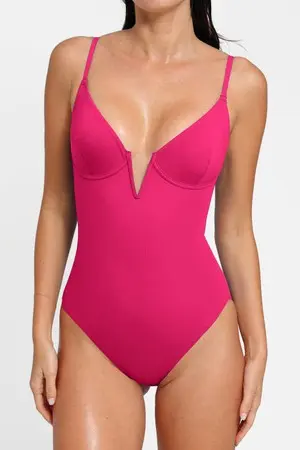 POPILUSH Plunging V-neck Low Back One-piece Swimsuit With Built-in Shapewear - Fuchsia