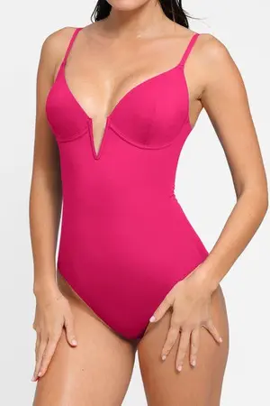 POPILUSH Plunging V-neck Low Back One-piece Swimsuit With Built-in Shapewear - Fuchsia