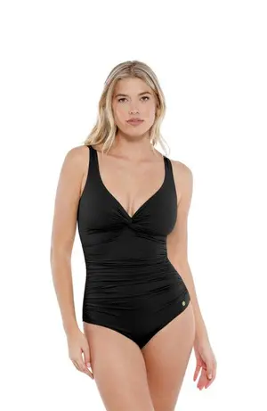 POPILUSH Shapewear Twist Front Ruched Swimsuit - Classic Black