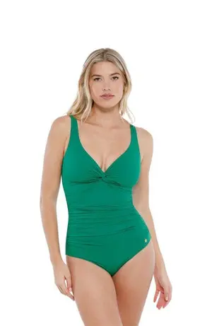 POPILUSH Shapewear Twist Front Ruched Swimsuit - Emerald Green