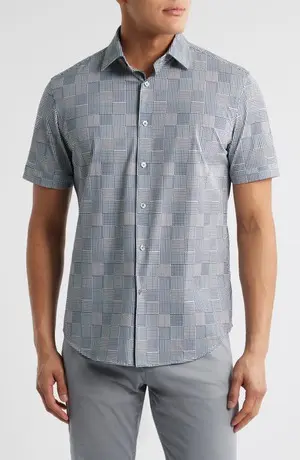 Bugatchi Miles Ooohcotton® Geo Print Short Sleeve Button-up Shirt - Graphite