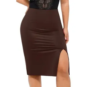 POPILUSH Shapewear Sculpting Faux Leather Front Slit Midi Skirt - Deep Coffee