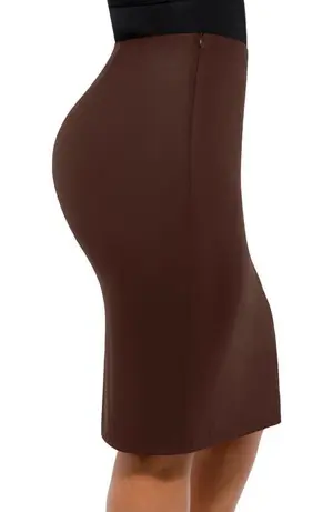 POPILUSH Shapewear Sculpting Faux Leather Front Slit Midi Skirt - Deep Coffee
