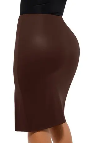 POPILUSH Shapewear Sculpting Faux Leather Front Slit Midi Skirt - Deep Coffee