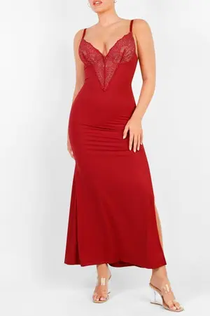 POPILUSH Shapewear Lace V-neck Maxi Slip Dress - Brick