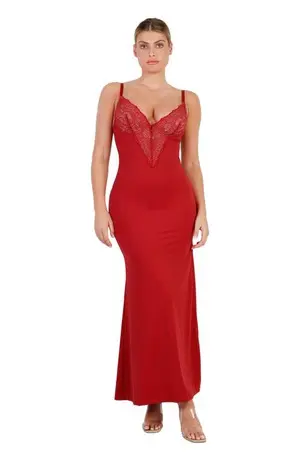 POPILUSH Shapewear Lace V-neck Maxi Slip Dress - Brick