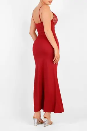 POPILUSH Shapewear Lace V-neck Maxi Slip Dress - Brick